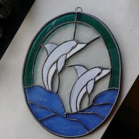 Vintage | Accents | Vintage Stained Glass Ocean Dolphins Art W | Poshmark